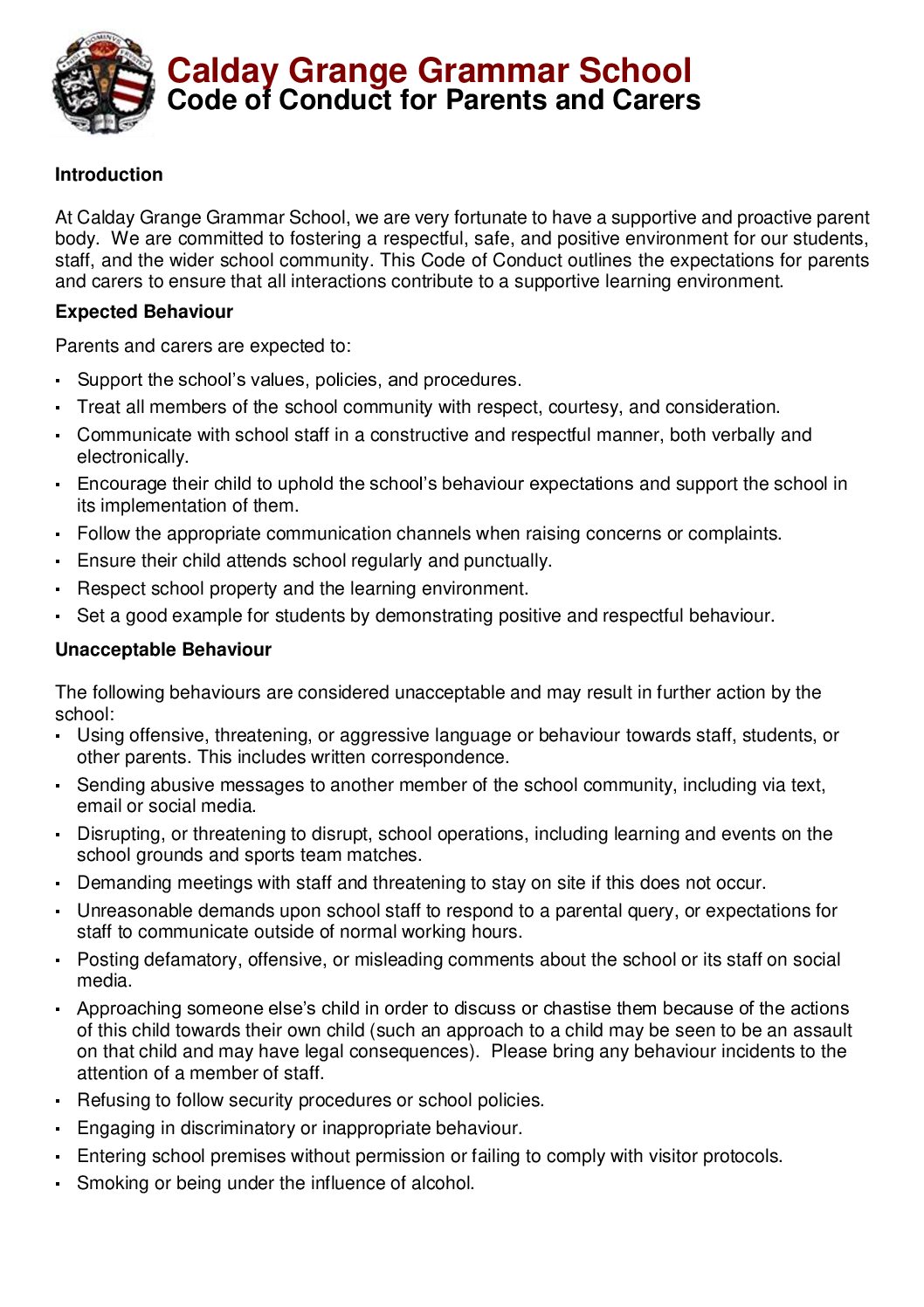 Code of Conduct for Parents and Carers